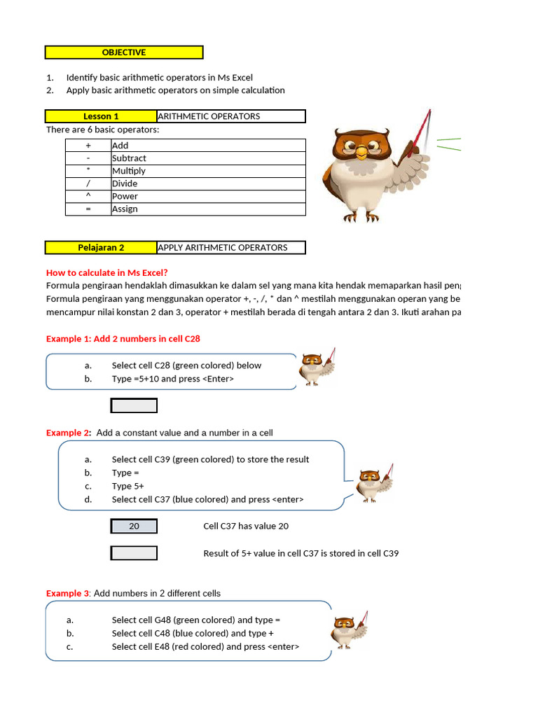 Excel Basic Arithmetic Operators Guide | PDF | Arithmetic | Mathematics