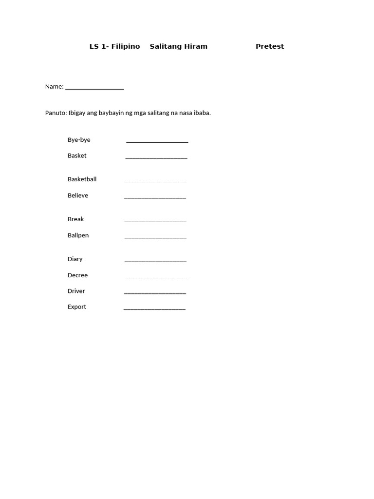LS 1 Filipino Salitang Hiram Pre Test, Post Test | PDF