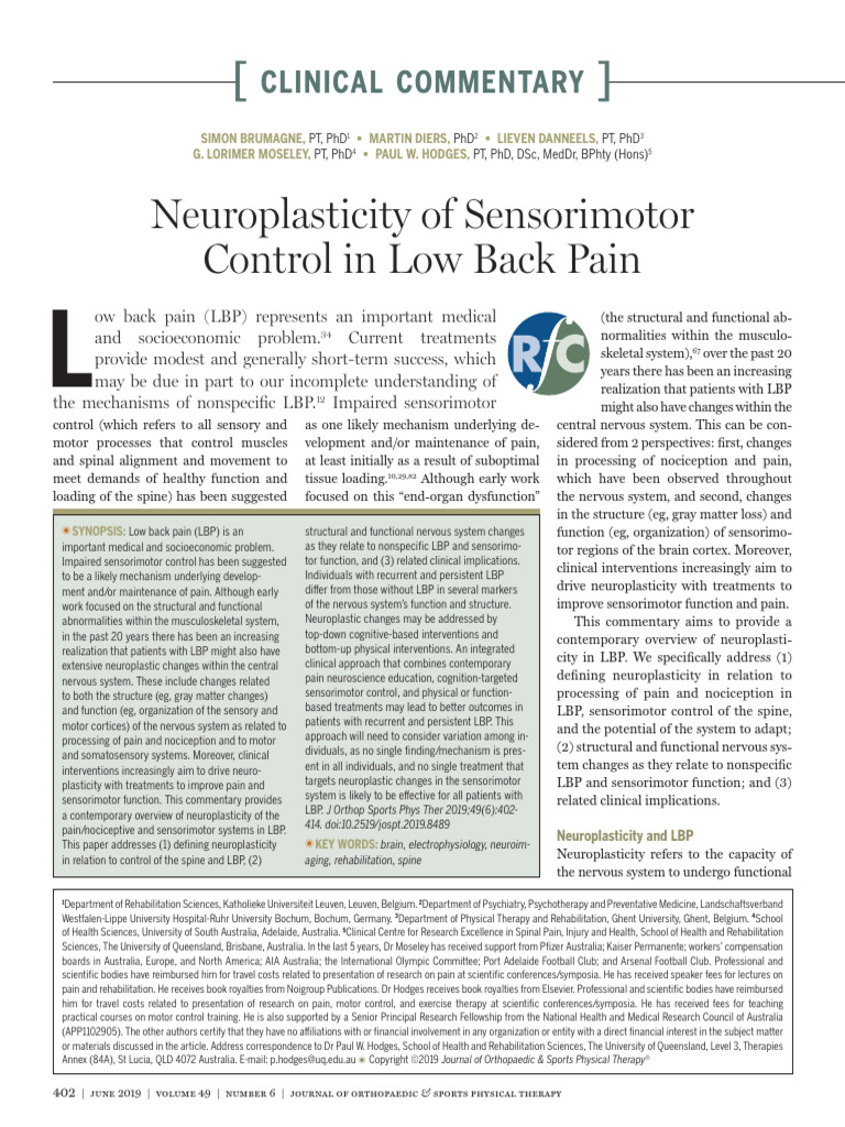 Neuroplasticity of Sensorimotor control in low back pain | PDF | Neuroplasticity | Pain