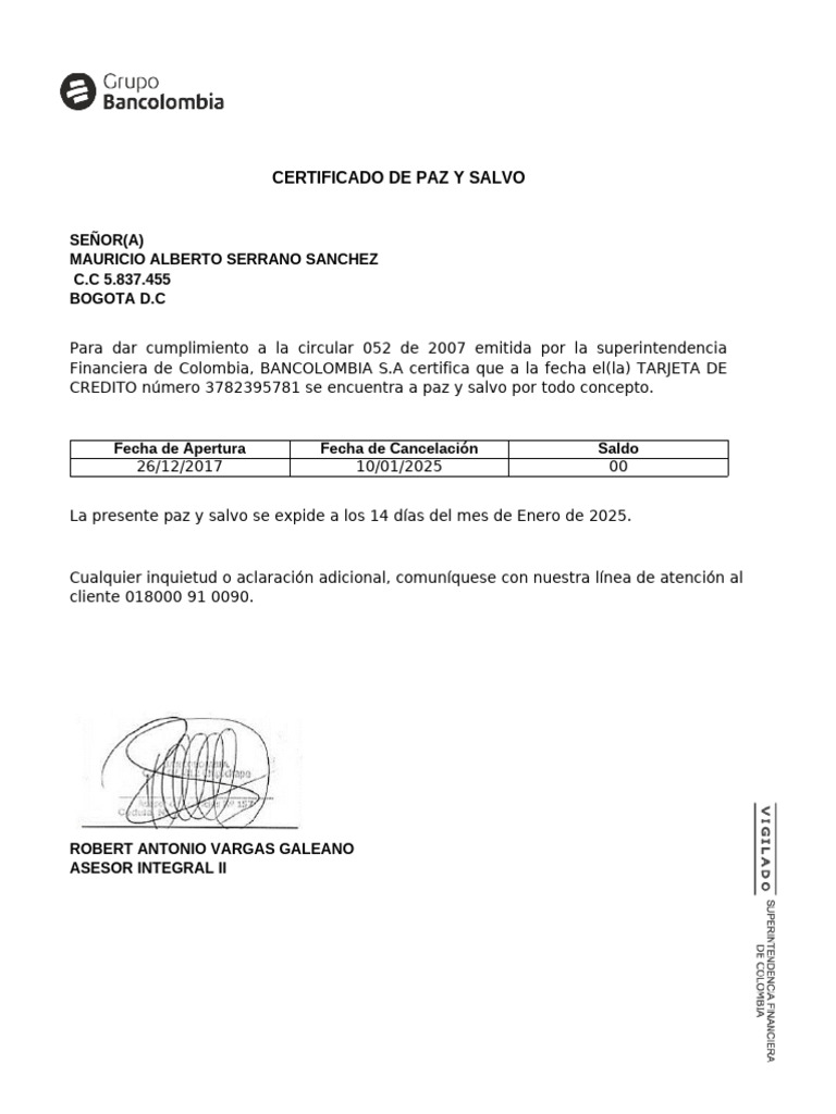 Certificado de Paz y Salvo Bancolombia | PDF