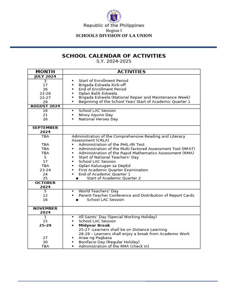 La Union School Calendar 2024-2025 | PDF