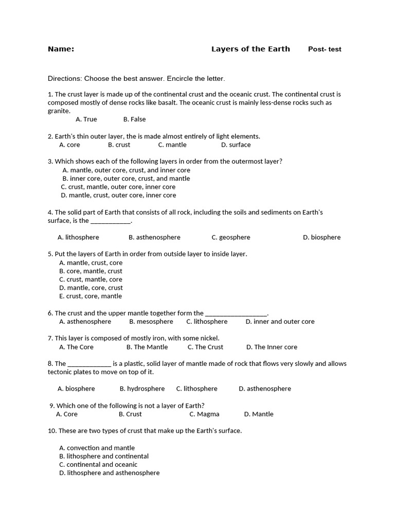 Earth Layers Quiz and Answers | PDF | Crust (Geology) | Earth Sciences