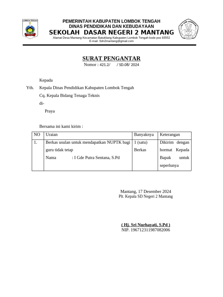 Surat Pengantar Pengusulan Nuptk | PDF