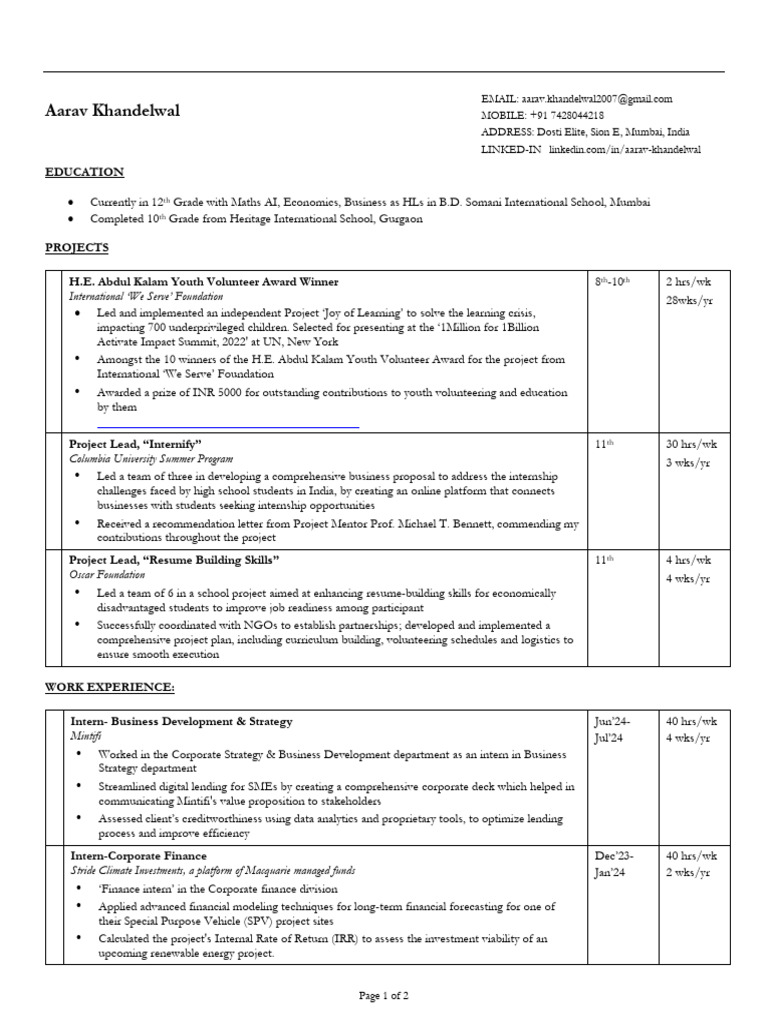 Aarav Resume_V2.0 2024-25 | PDF | Internal Rate Of Return | Analytics
