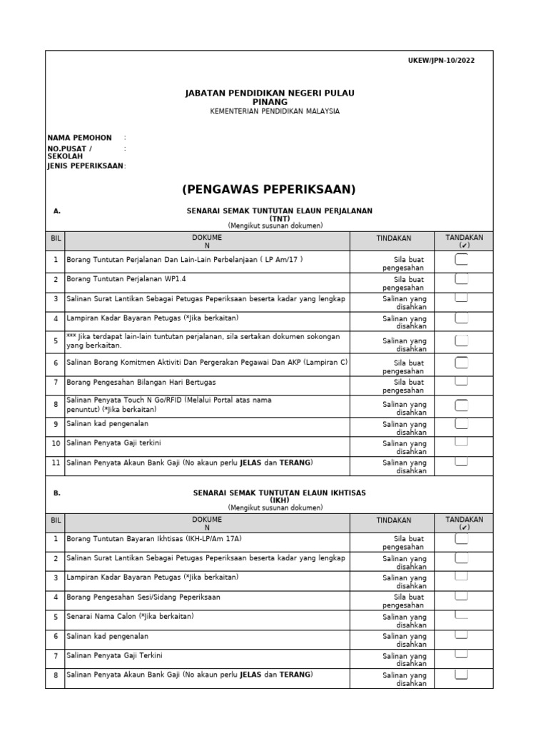 Senarai Semak Petugas Peperiksaan | PDF