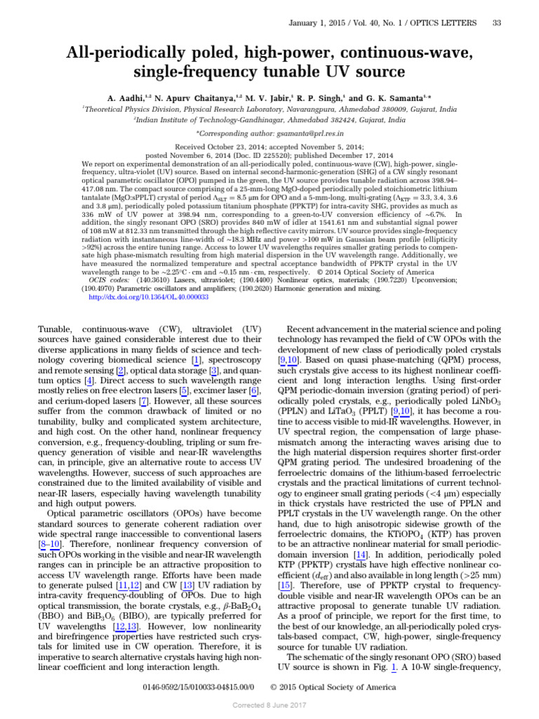 All-periodically poled, high-power, continuous-wave, single-frequency tunable UV source--PRL ...