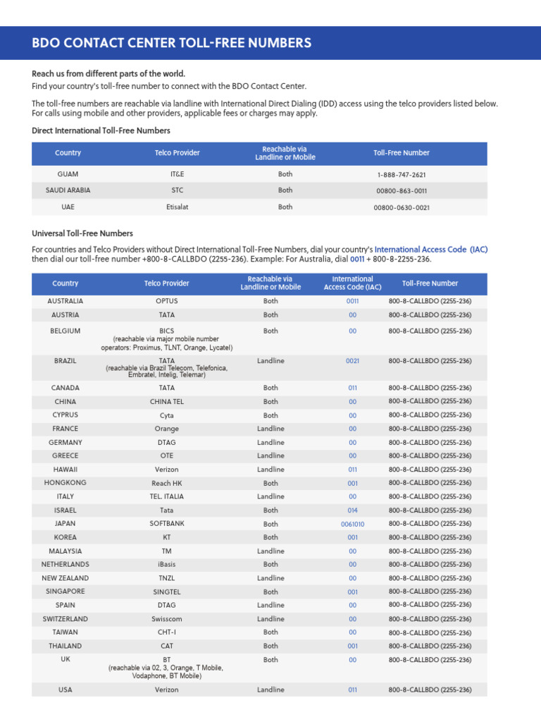 BDO ContactCenter Toll Free and IACNumbers As of July2024 | PDF ...