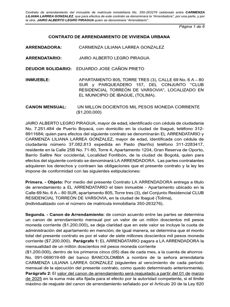 Contrato de Arrendamiento Con Codeudor 01-03-2024 | PDF | Derecho civil (sistema legal ...