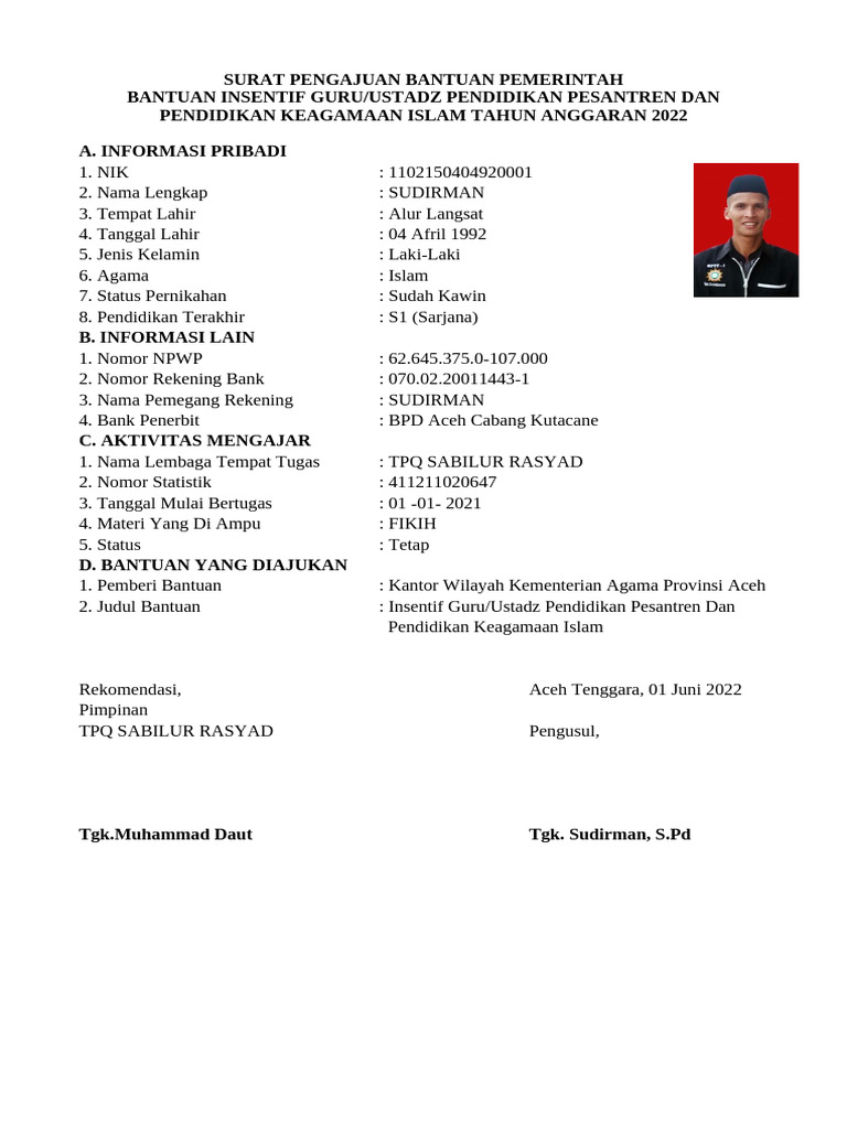 Contoh SURAT PENGAJUAN INSENTIF 2022 | PDF