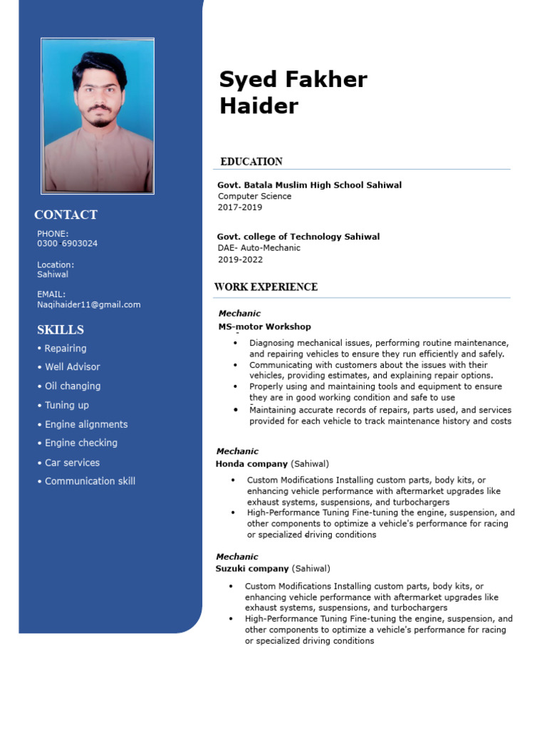 Syed fakher haider Resume | PDF | Auto Mechanic | Automotive Industry