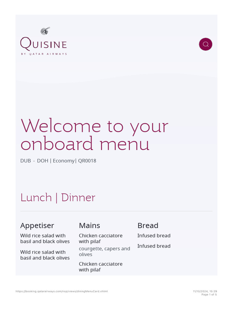 Qatar Airways Economy Menu Overview | PDF | Drink | Cocktails