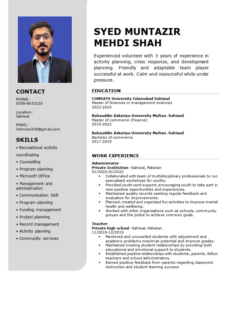 Syed Muntazir Mehdi Shah-Cv | PDF | Cognition | Teaching