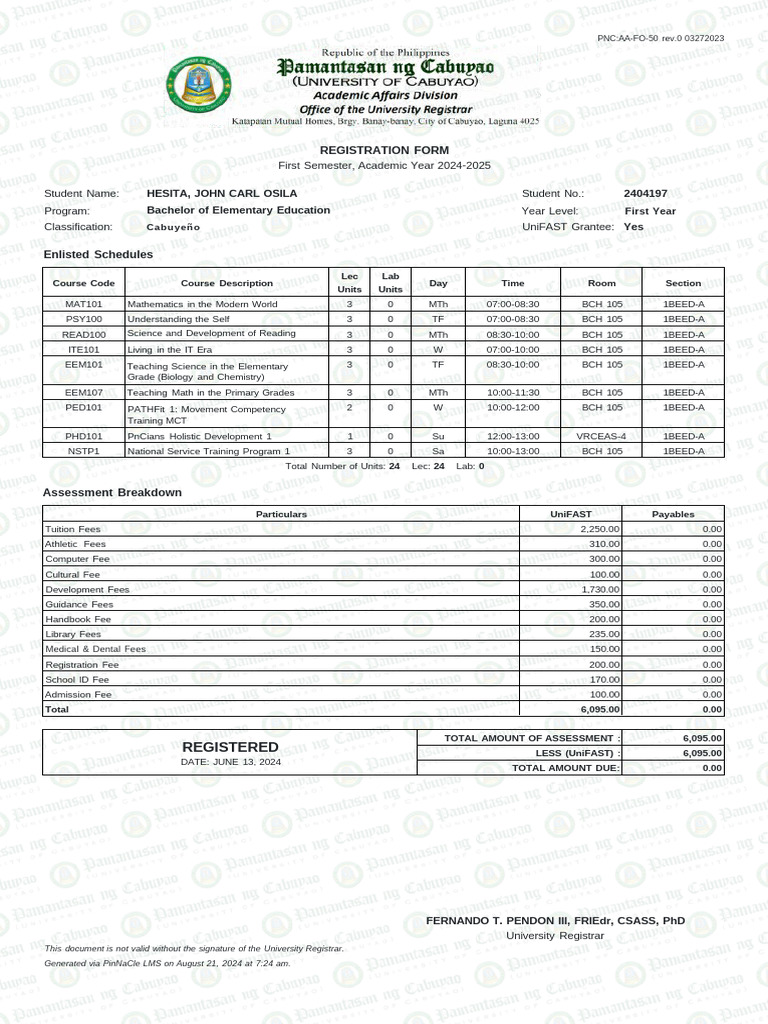 First Semester Registration Form 2024-2025 | PDF | Higher Education ...