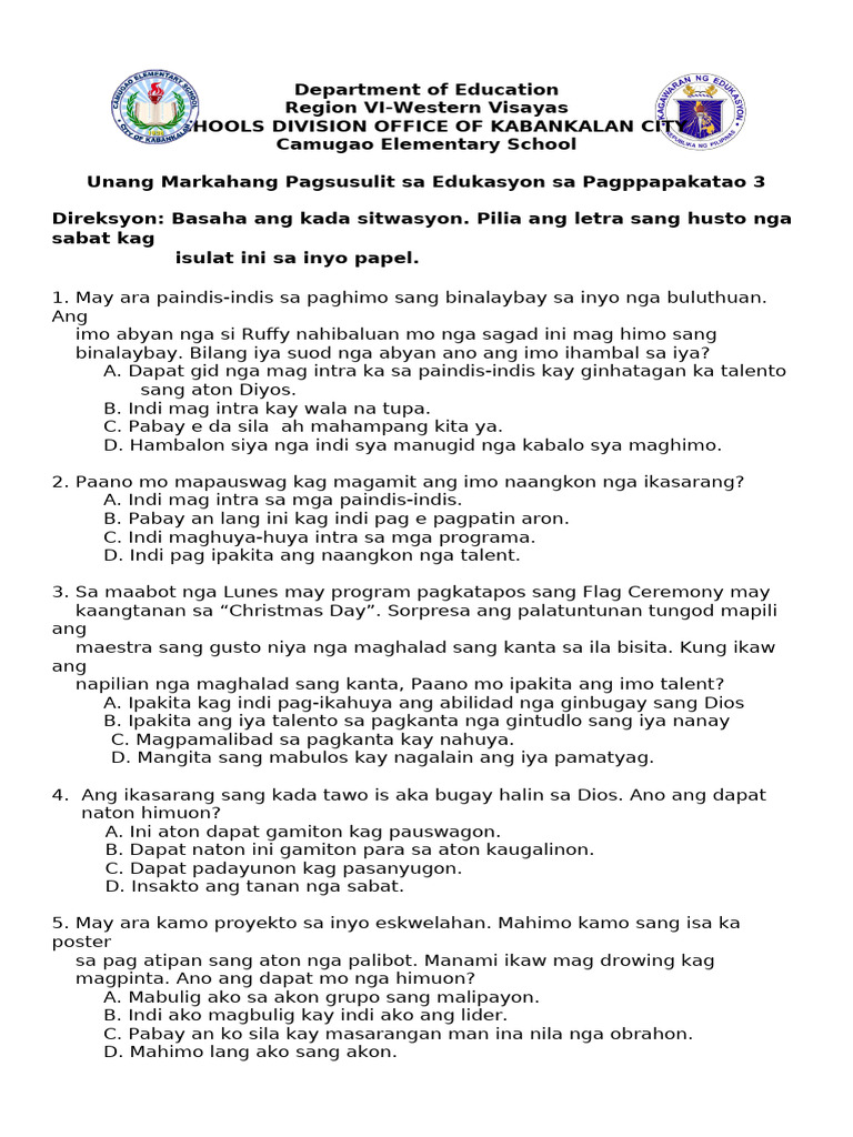 ESP 3 1st QTR Exam | PDF