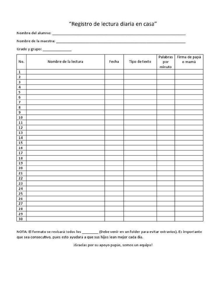 Registro de Lectura en Casa | PDF