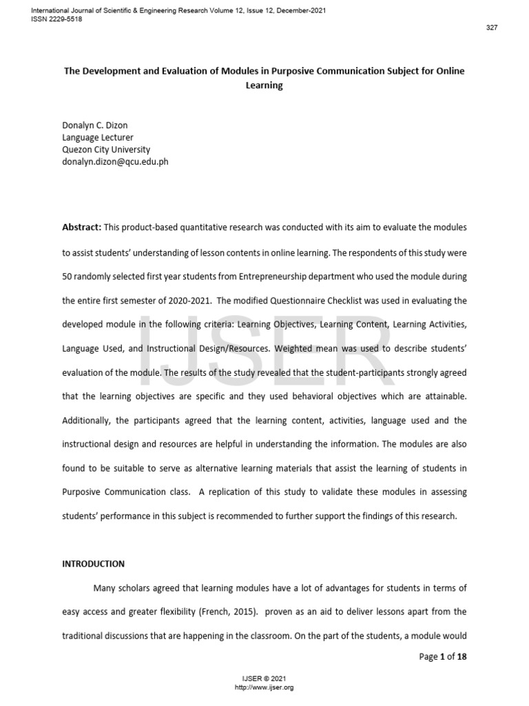 The Development and Evaluation of Modules in Purposive Communication ...