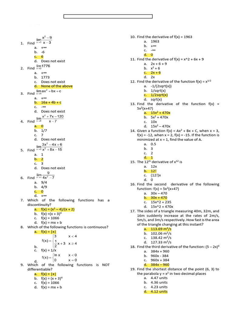 Differential-Calculus-Test | PDF | Mathematical Relations ...