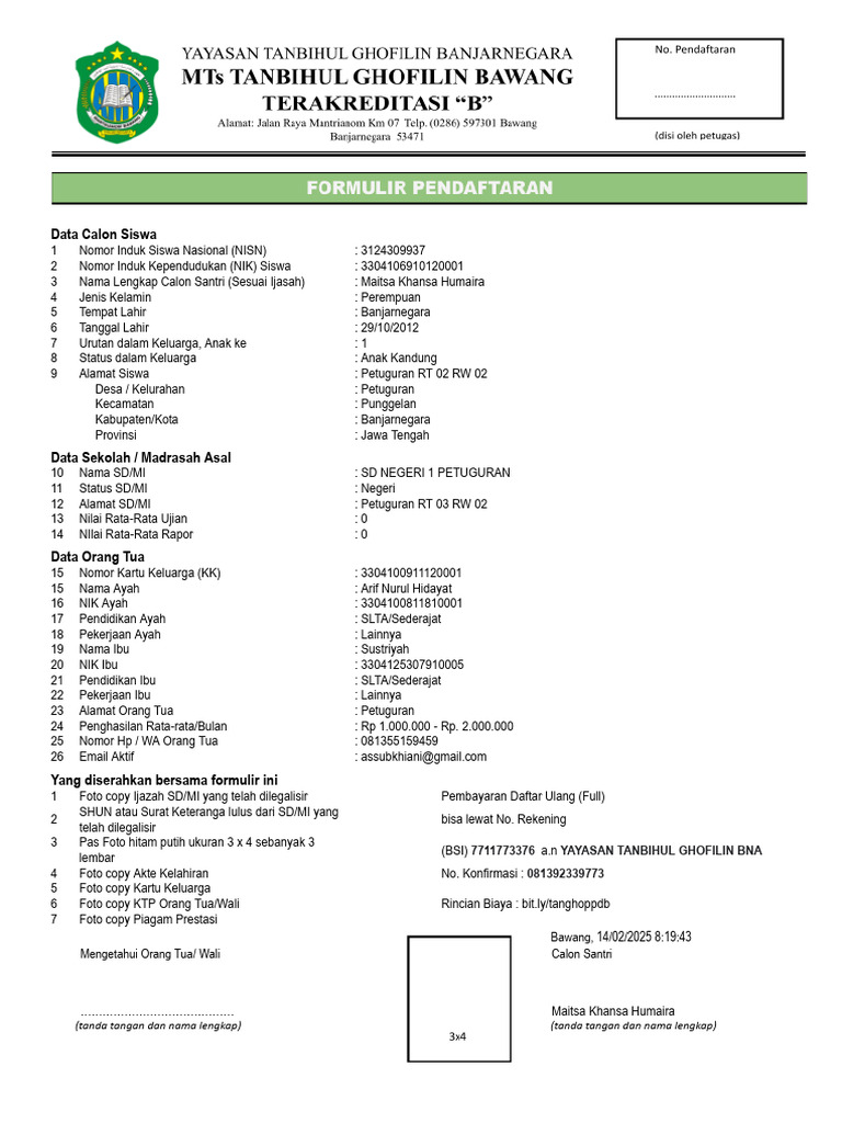Formulir PPDB Online Maitsa Khansa Humaira | PDF