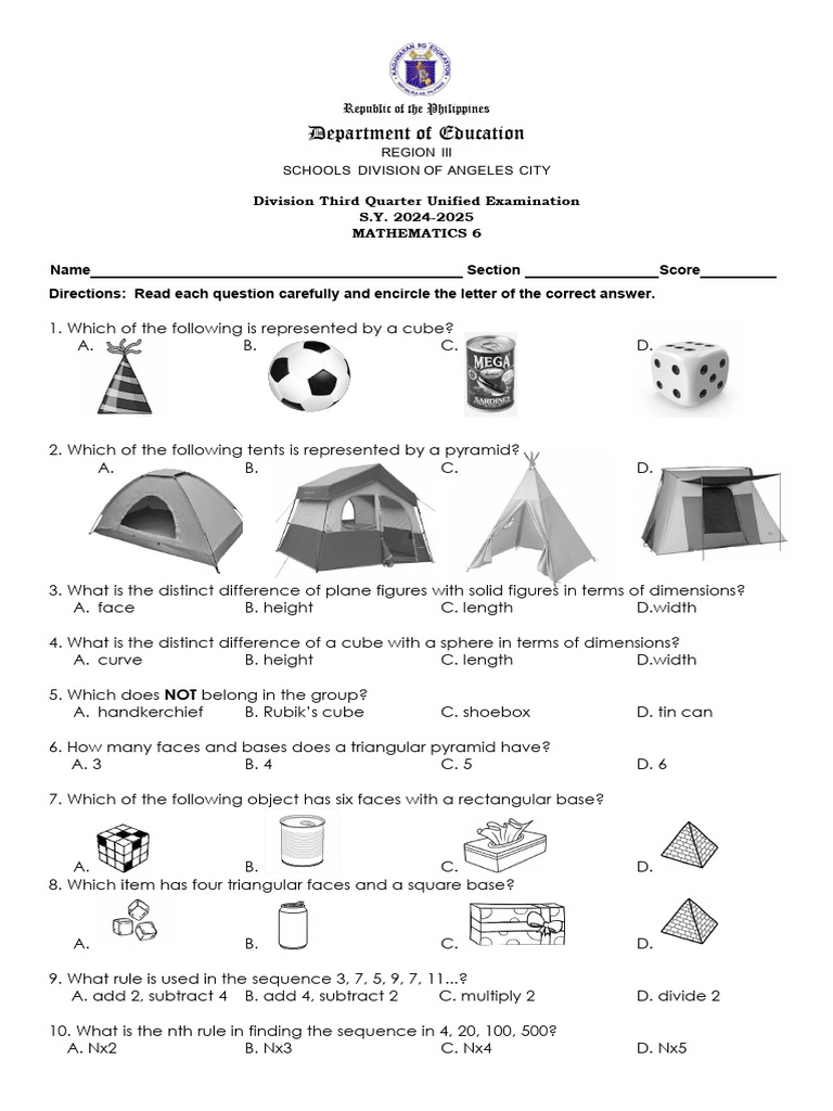 Third Quarter- Mathematics 6-TQ | PDF | Equations | Area