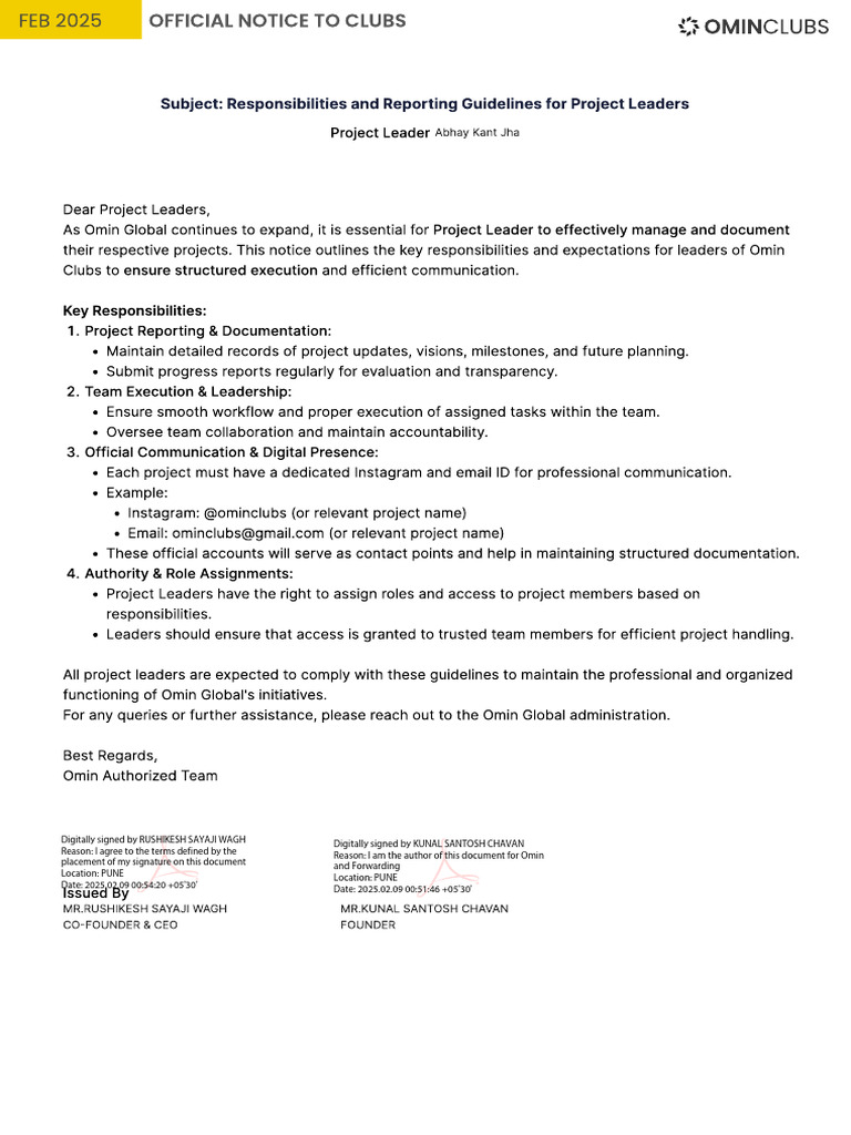Official Notice To Project Leader (Omin Clubs) | PDF
