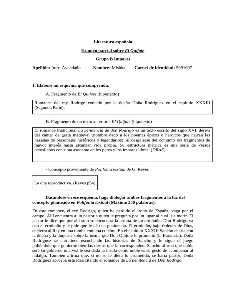 Examen Don Quijote | PDF | Don Quijote | Teoría literaria