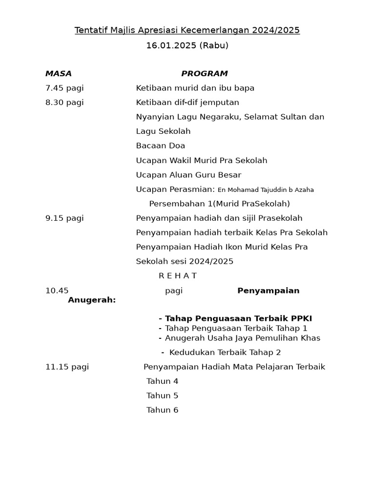 Contoh Tentatif Majlis Apresiasi Kecemerlangan Murid | PDF
