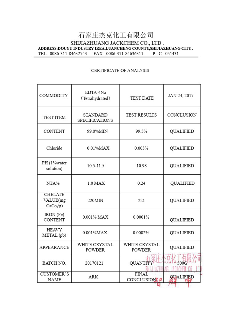 COA-EDTA-4NA - Jackchem China | PDF