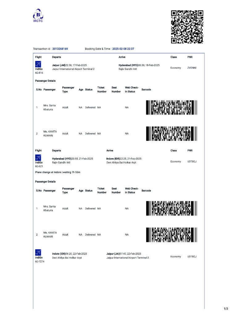 Indigo Flight TKT Jpr-Hyd-Jpr | PDF