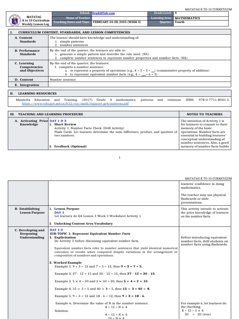 DLL Matatag - Math 4 Q4 W3 | PDF | Curriculum | Learning