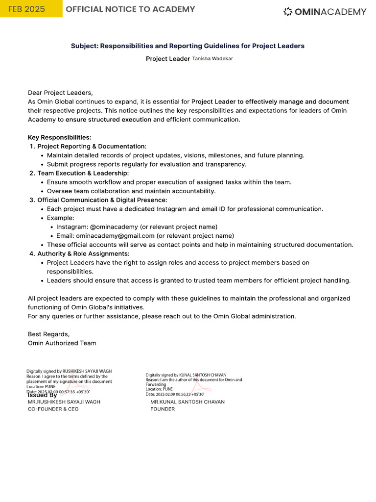 Official Notice To Project Leader (Omin Academy) | PDF