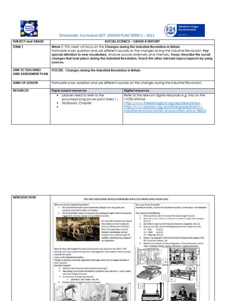 Lesson Plan SP Grade 8 SS History T1 W1 | PDF | Lesson Plan | Education ...