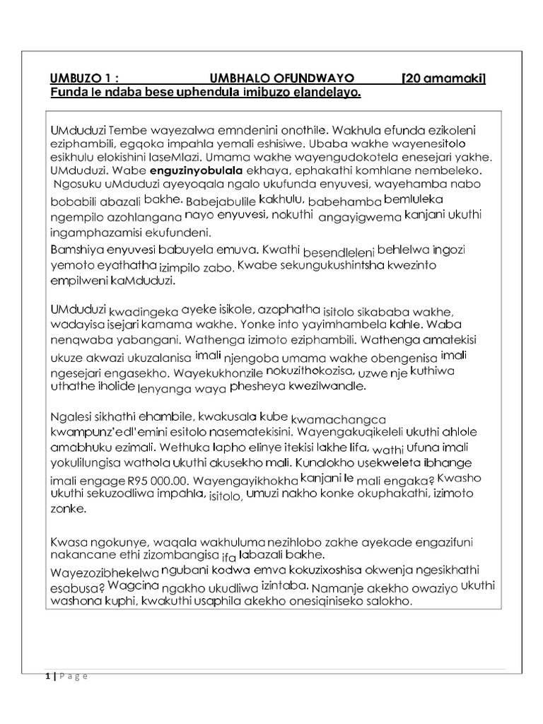 Isizulu Grade 7 Controlled Test | PDF