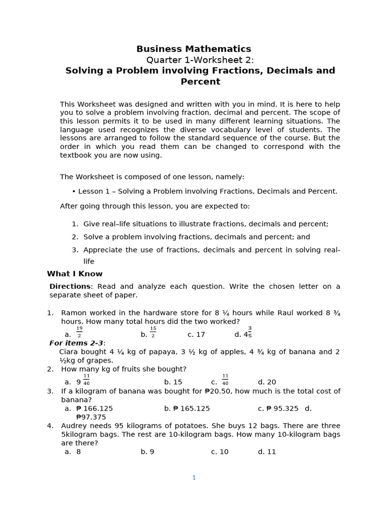 BM Worksheet QTR 1 Week 2 1 | PDF | Division (Mathematics) | Elementary ...