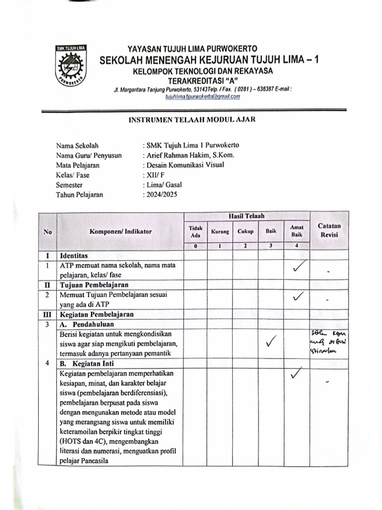 Instrumen Telaah Modul Ajar DKV (Arief Rahman Hakim, S.Kom) | PDF