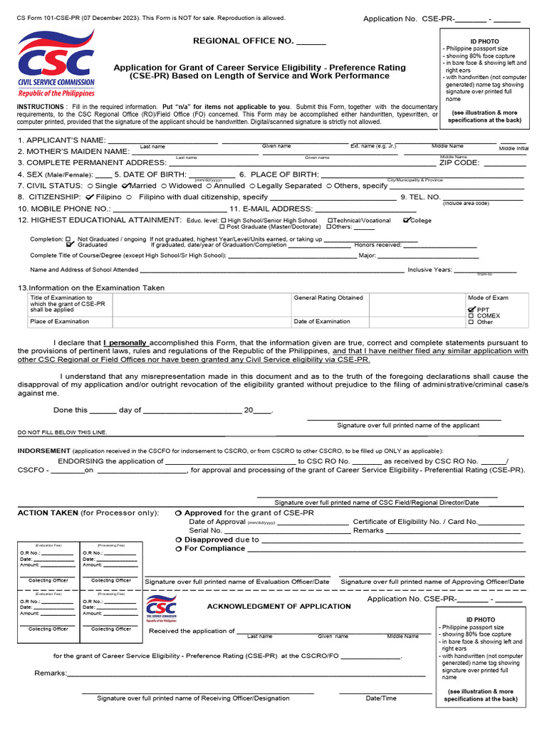 CS Form 101-CSE-PR 07 December 2023 | PDF | Identity Document