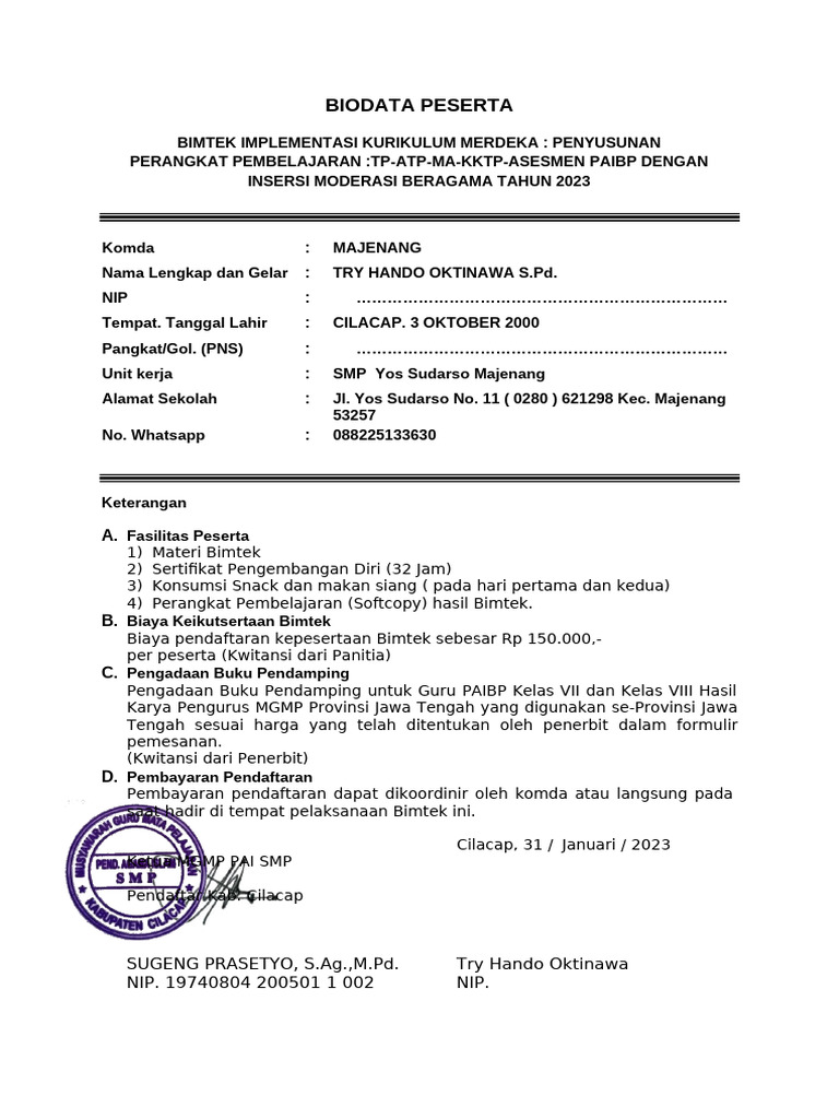 Biodata Peserta Bimtek Wajib Mengisi Dan Dibawa Pada Saat Bimtek | PDF