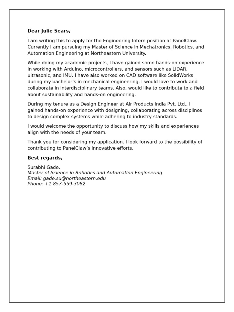 Engineering Intern Application at PanelClaw | PDF