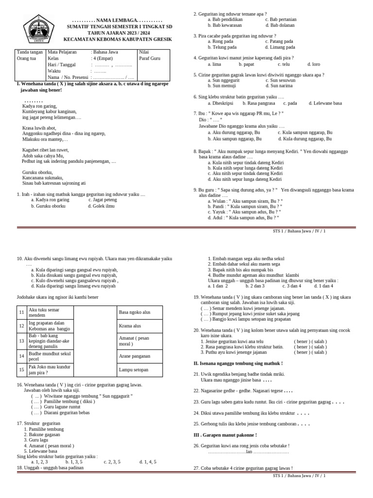 Soal STS 1 Bahasa Jawa KLS 4 Ta 2023 - 2024 Fix Edit | PDF