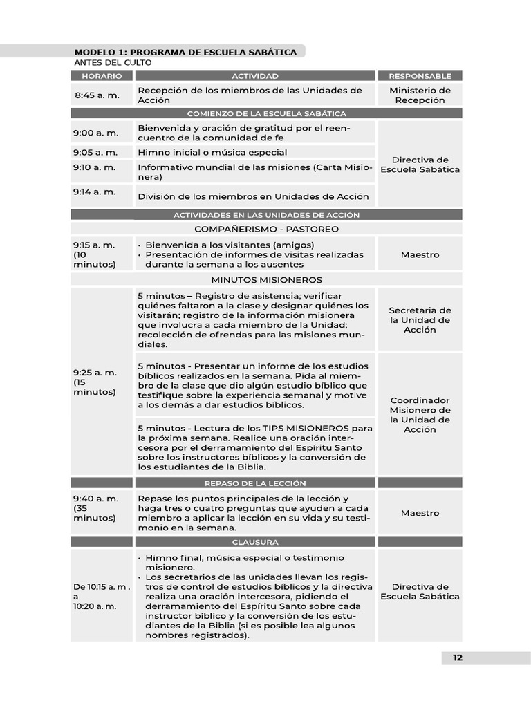 Modelo Programa Escuela Sabatica | PDF