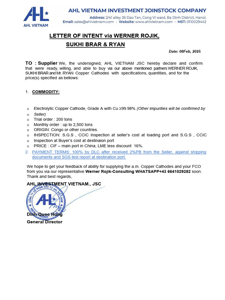AHL Vietnam's Copper Cathode Purchase Intent | PDF