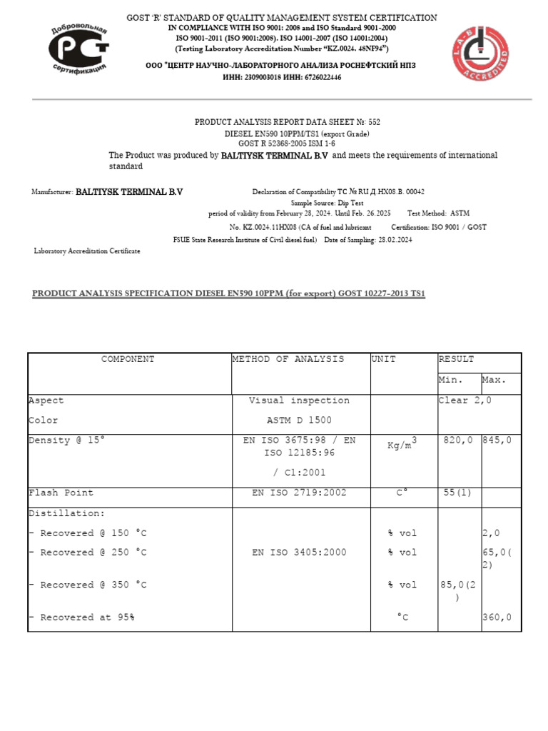 Diesel EN590 10PPM Product Analysis Report | PDF | Diesel Fuel | Fuels