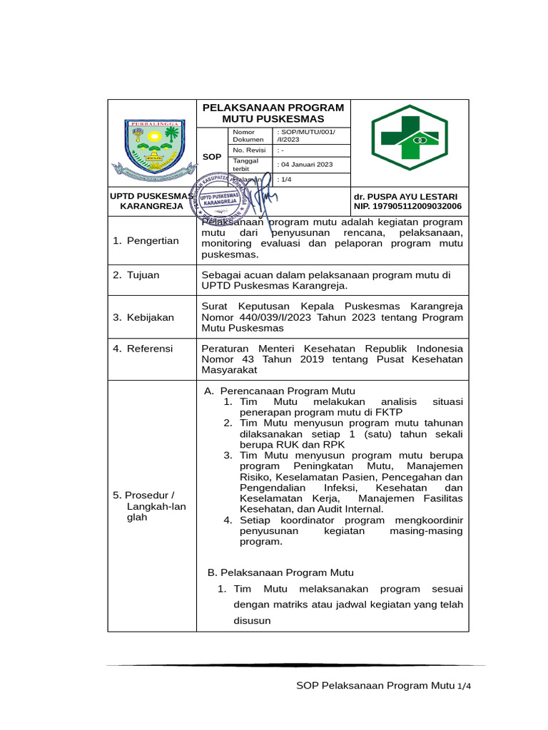 SOP Pelaksanaan Program Mutu - Docx - Google Dokumen | PDF