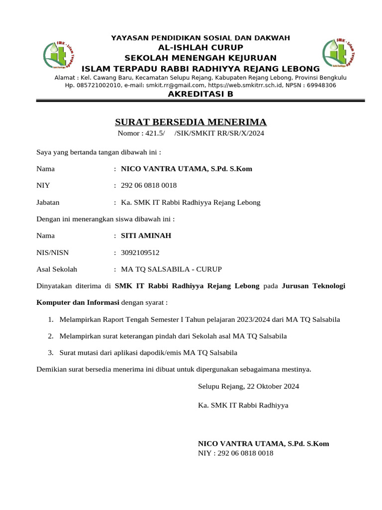 Surat Bersedia Menerima | PDF