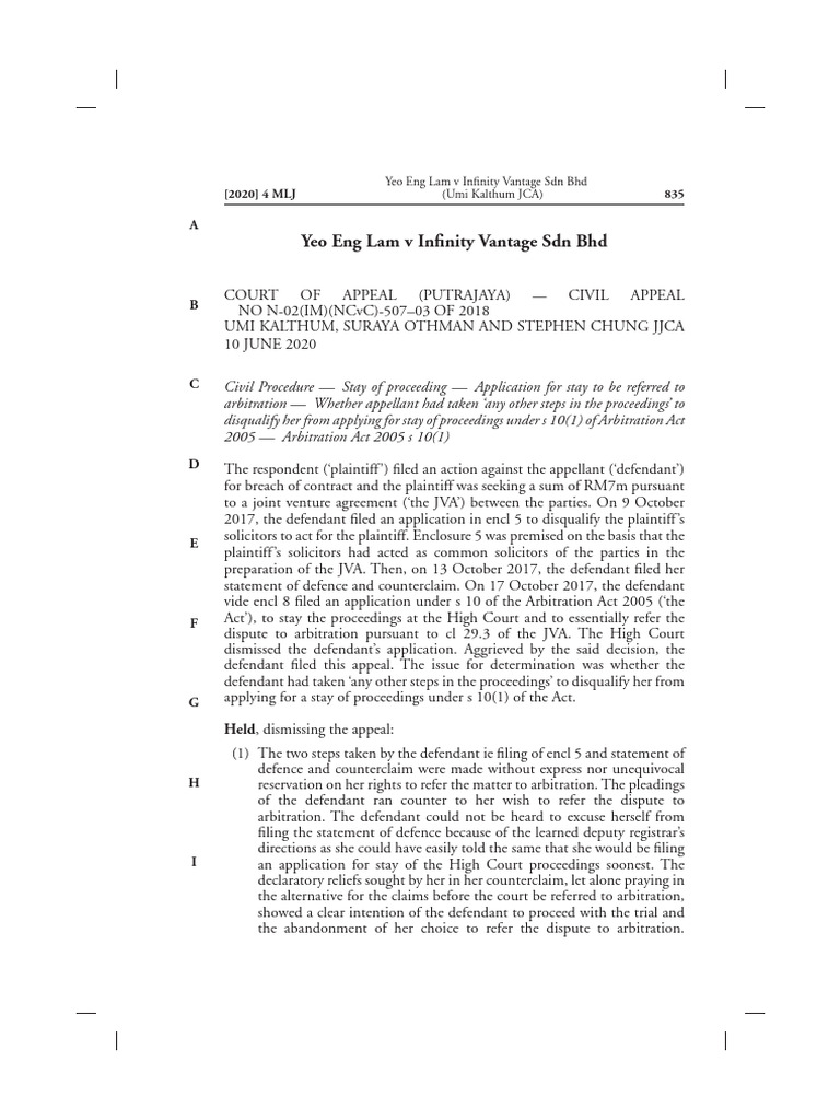 Yeo Eng Lam V Infinity Vantage SDN BHD | PDF | Lawsuit | Arbitration