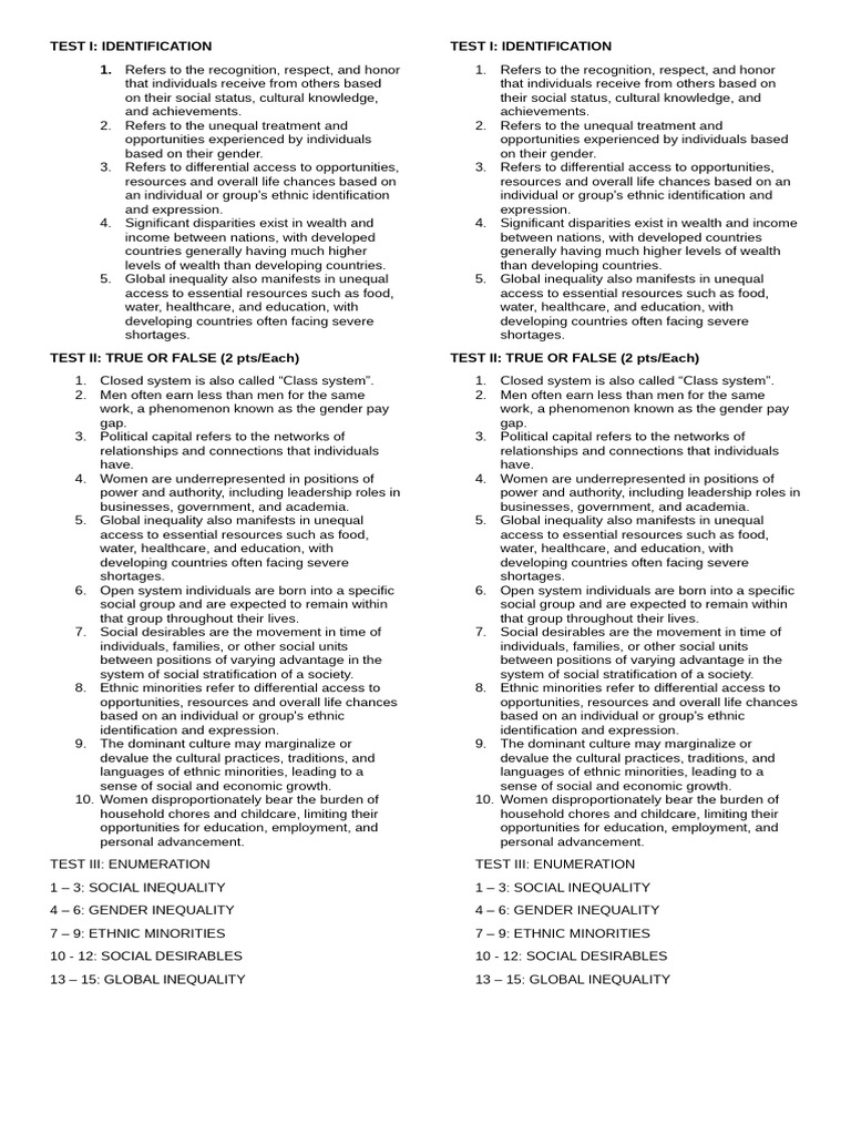 Social and Political Quiz | PDF | Social Inequality | Discrimination ...