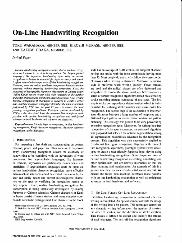 WakaharaT92a On-Line Handwriting Recognition | PDF