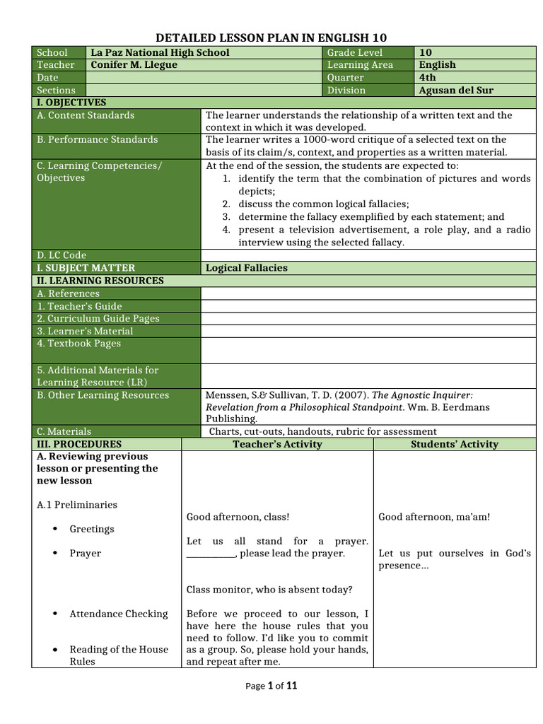 Detailed Lesson Plan | PDF | Fallacy | Logic