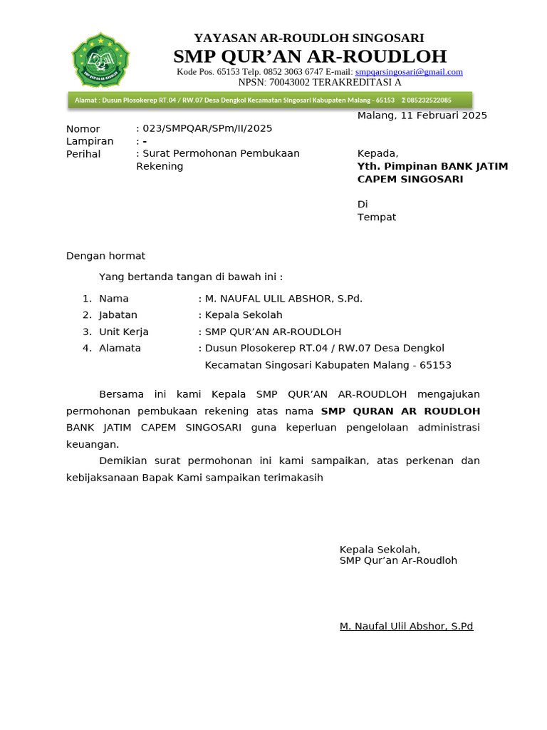 Surat Permohonan Rekening Bank Jatim | PDF