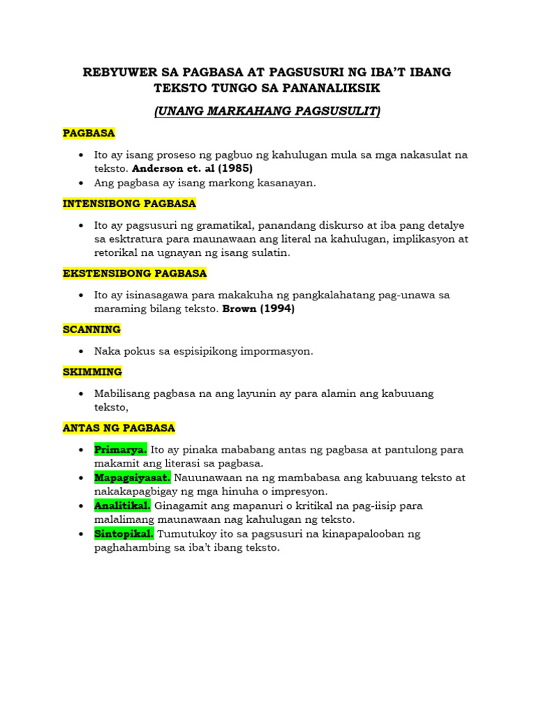 Rebyuwer Sa Pagbasa Unang Markahang Pagsusulit | PDF