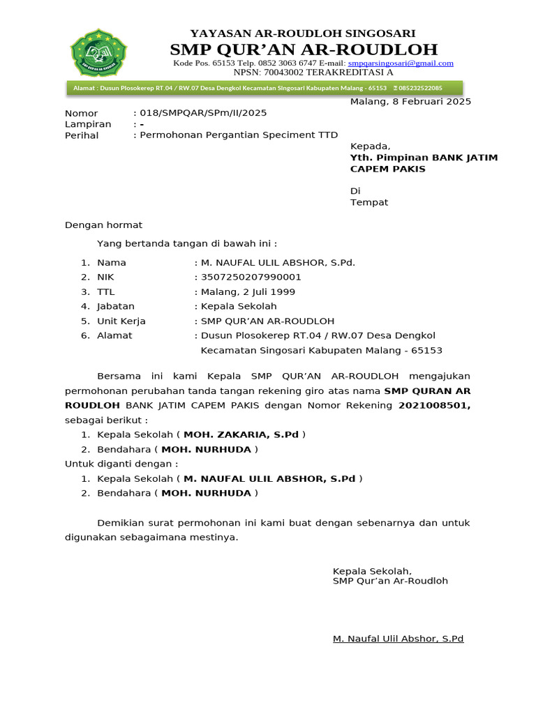 Surat Permohonan Pergantian Specimen TTD | PDF